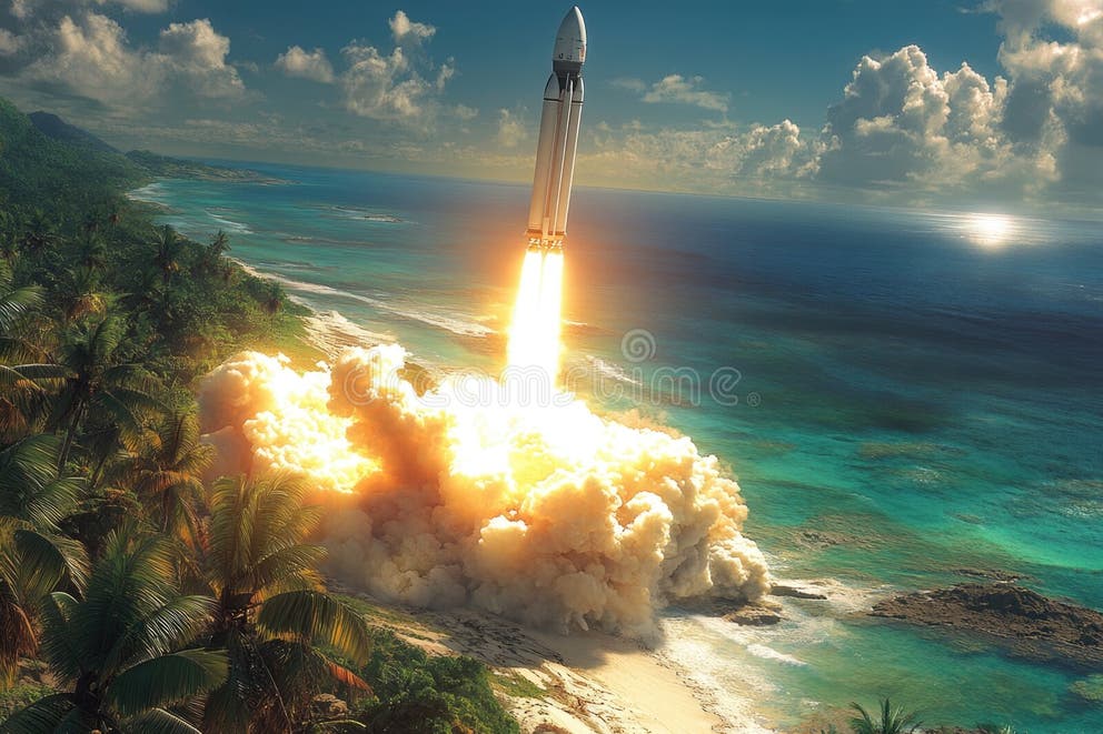 A Rocket Blasting Off from a Beach Surrounded by Palm Trees Stock Photo ...