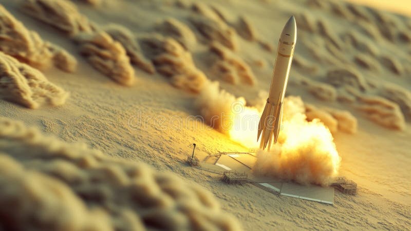 A Rocket Blasting Off into the Clear Blue Sky Amidst the Arid Landscape ...