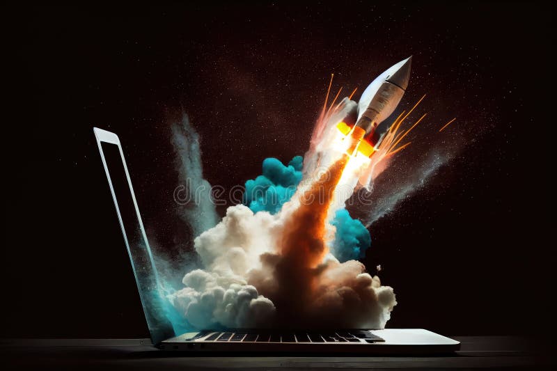 Rocket Blasting Off from the Inside of a Laptop, with Smoke and Sparks ...