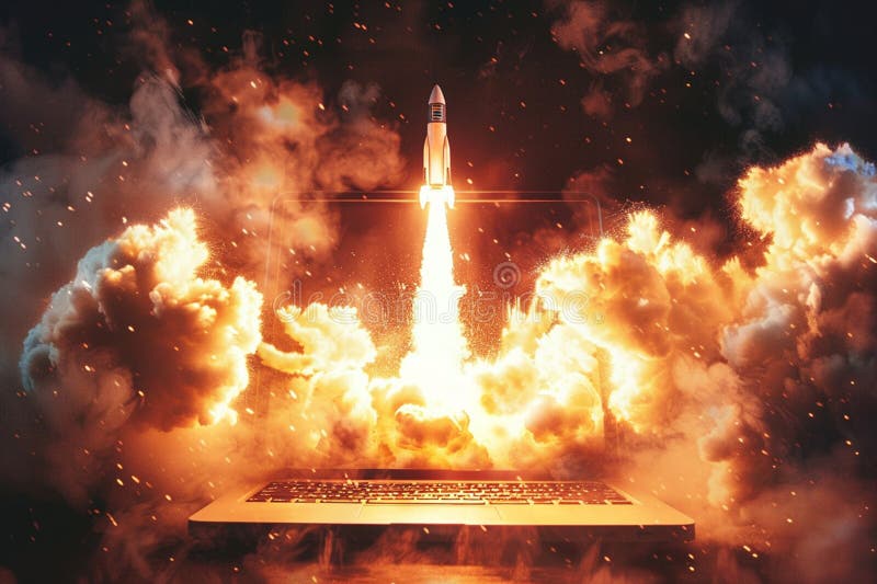 Rocket Blasting Off from Laptop Screen Amidst Smoke and Fire with ...