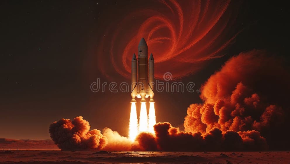 Rocket Blasting Off from Mars Like Planet in Swirling Red Dust for Next ...