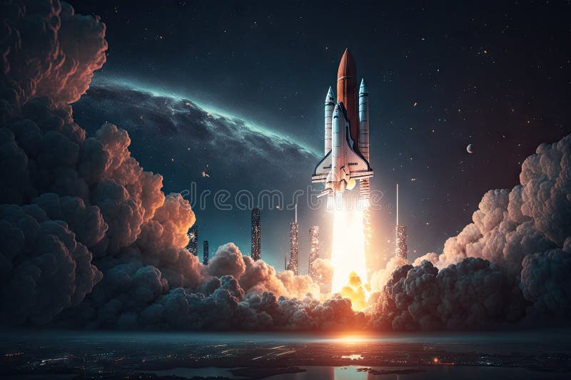 Rocket Blasting Off into the Night Sky, with City Lights in the ...