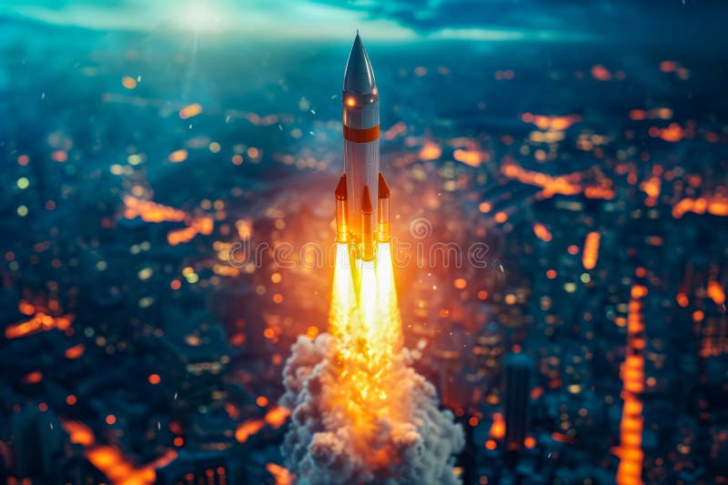 Rocket Blasting Off Sky City Background Stock Photos - Free & Royalty ...