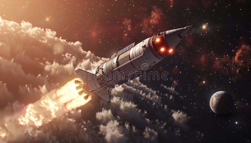 A Rocket Blasting Off into Space with Stars and Planets Visible Stock ...