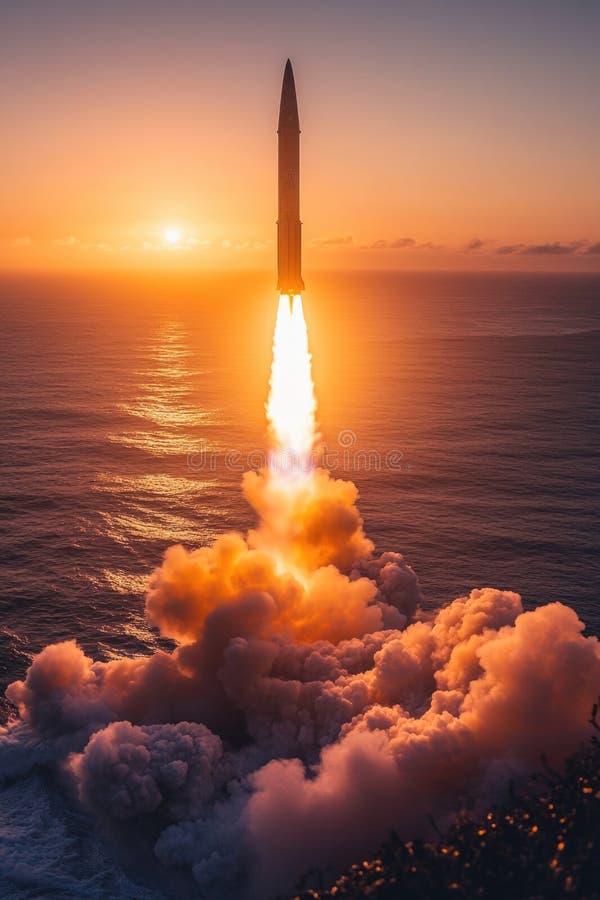 A Rocket Blasting Off into Space from the Surface of the Ocean Stock ...