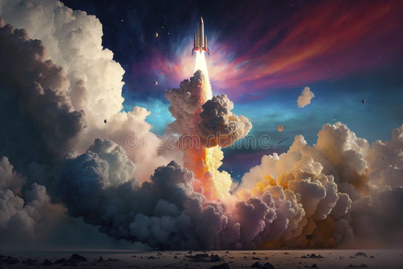 A Rocket Blasting Off with a Starburst of Colourful Clouds Stock ...