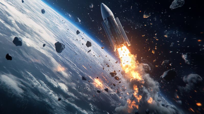 A Rocket Blasts Off from Earth, Leaving a Trail of Fire and Debris ...
