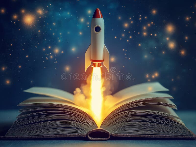 Rocket Blasts Off from Open Book. Startup Concept. Education Launch ...