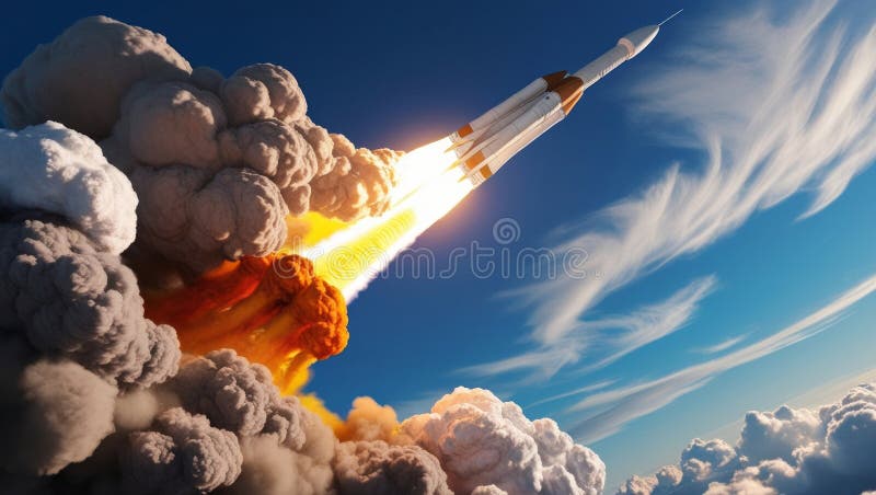 Rocket Blasts Off into the Sky from the Ground with Thick Smoke, Flames ...