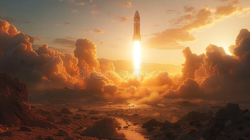 A Rocket Launch through Golden Clouds at Sunset Stock Photo - Image of ...