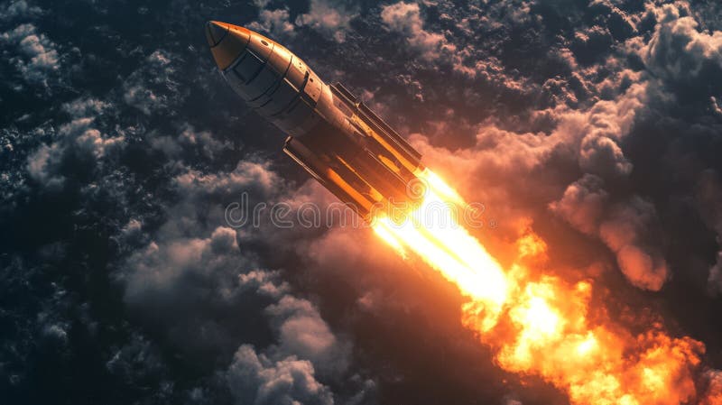 A Rocket Blasts Off into the Sky, Leaving a Trail of Fire and Smoke ...