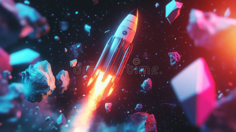 A Rocket Blasts Off into Space, Surrounded by Glowing Rocks Stock Image ...