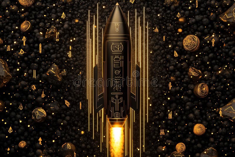 Rocket Blasts Off into Space with a Trail of Fire. Surrounded by ...