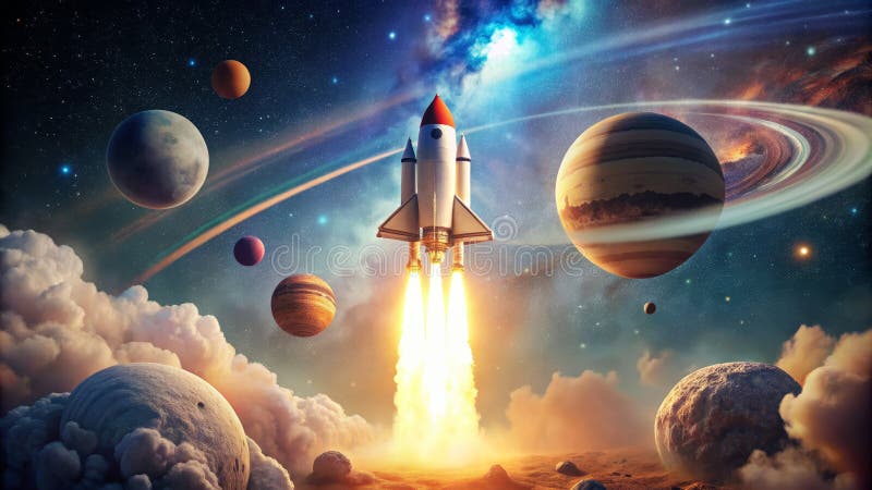 A Rocket Blazing through the Cosmos with Planets in the Background ...