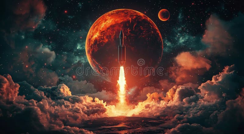 A Rocket, Blazing with a Fiery Trail, Rises through the Clouds ...