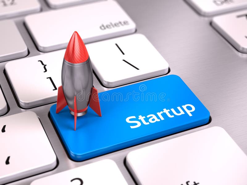 Rocket on Blue Startup Button on Keyboard - Start Up Concept Stock ...