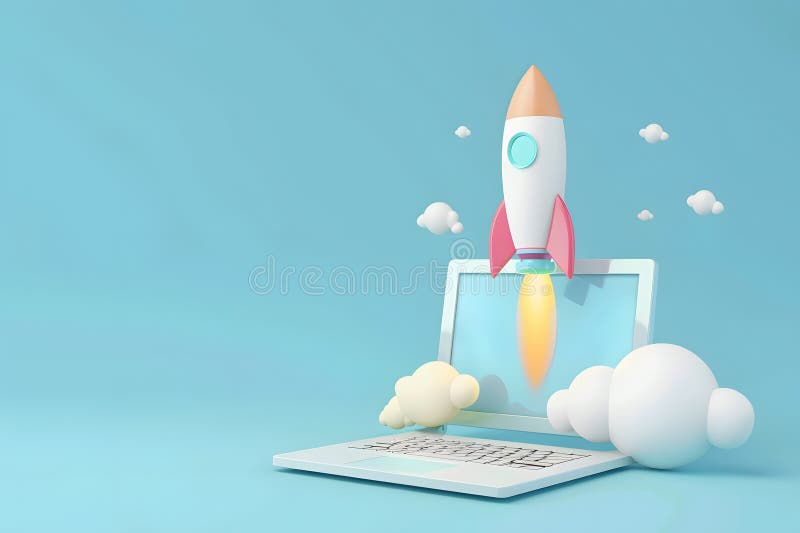 Rocket Boosting from Laptop Screen on Light Blue Background Stock ...