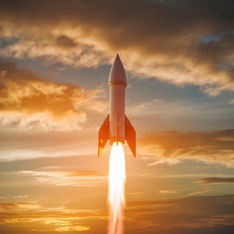 Rocket with Bright Flame Soars through Sunset Sky, Evoking Awe and ...