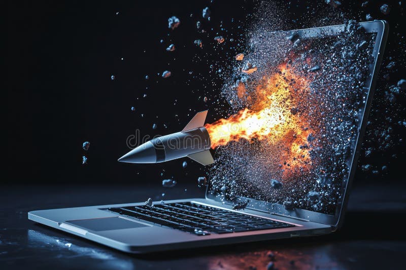 Rocket Bursts through Laptop Screen with Fiery Intensity, Symbolizing ...
