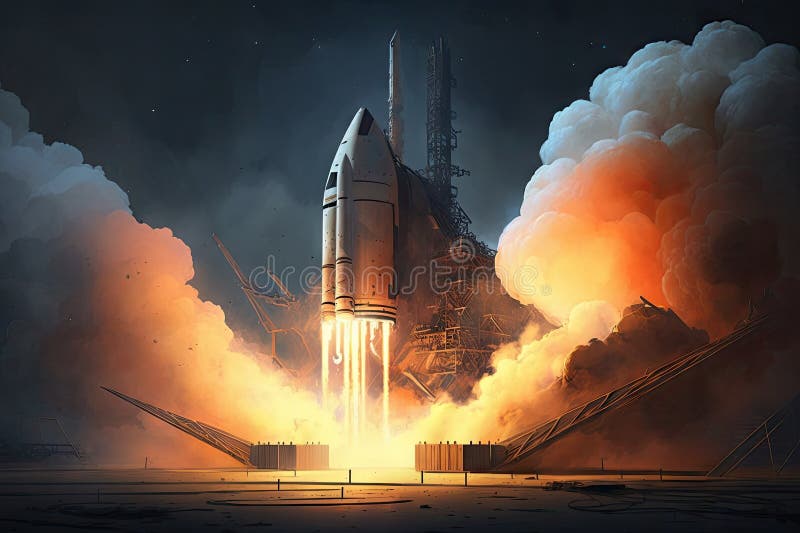 Rocket Charging On Launch Pad With Flames And Smoke Visible Stock
