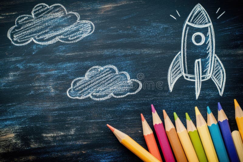 A Rocket and Clouds Drawing on a Blackboard with Colored Pencils Stock ...
