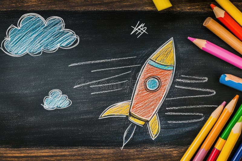 A Rocket and Clouds Drawing on a Blackboard with Colored Pencils Stock ...