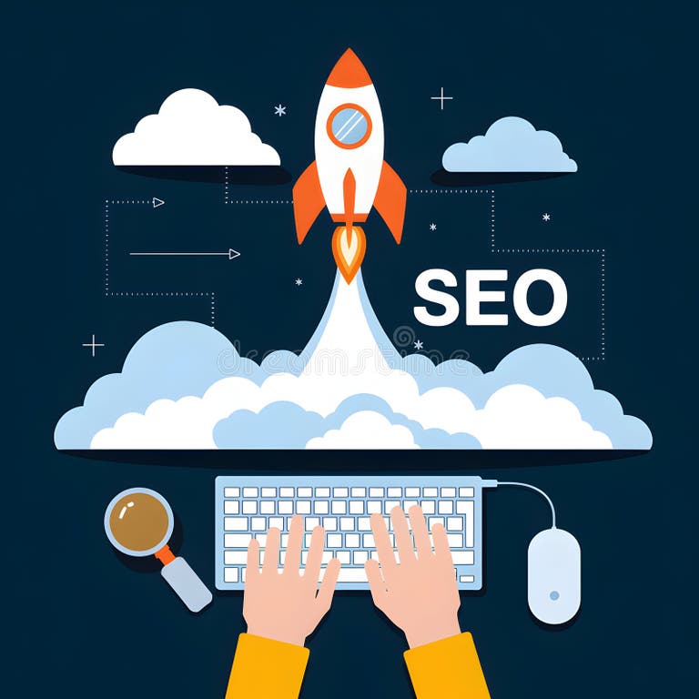 Rocket, Clouds, and SEO Symbolize Search Engine Optimization Strategy Launch Stock Illustration ...