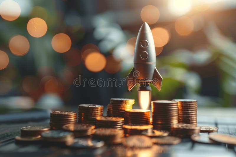 Rocket on Coins Stack in Green Background Symbolizing Business Growth ...