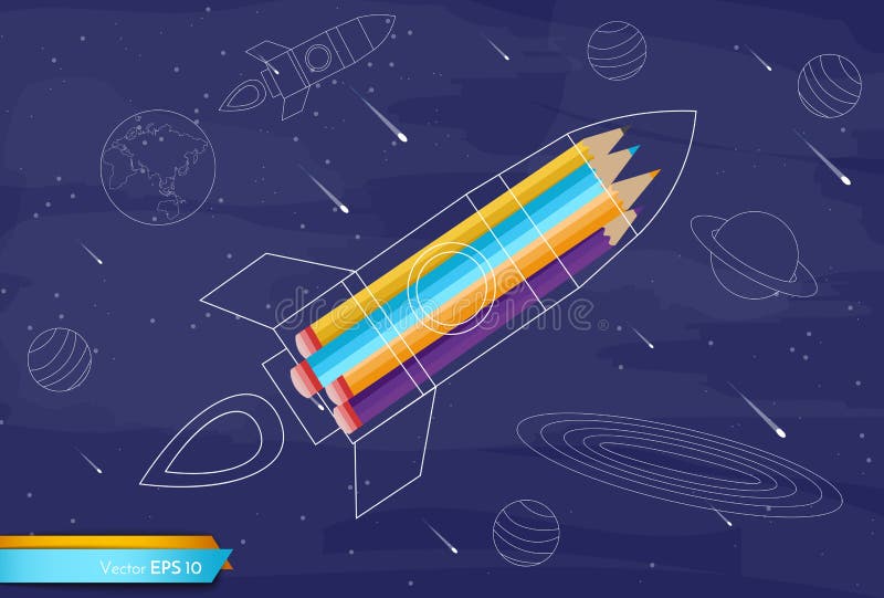 Rocket Colorful Crayons Vector Flat Style. Creativity School Kids ...