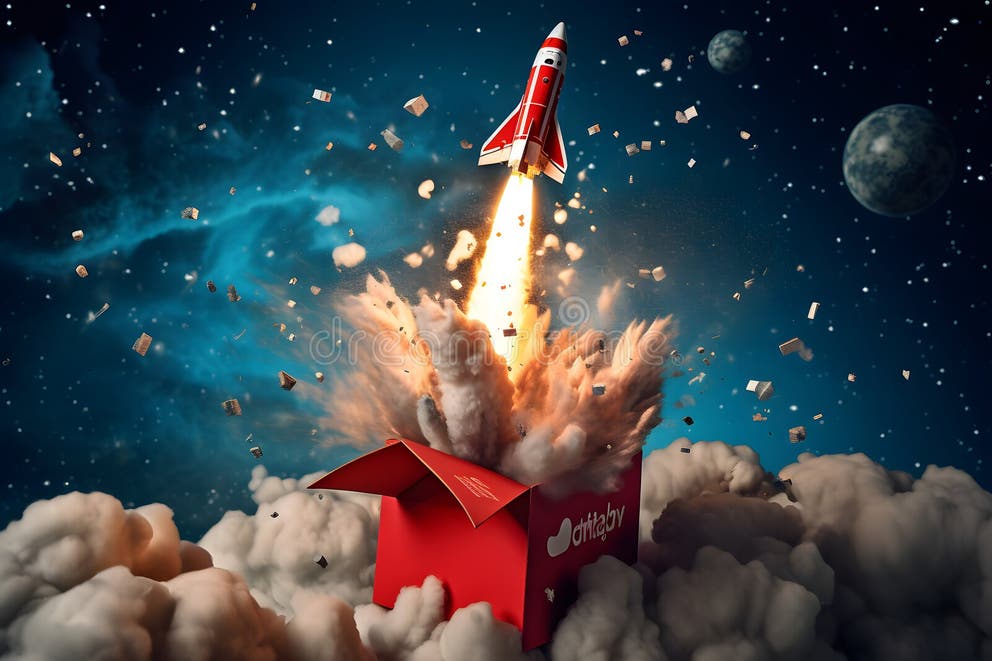 Rocket Coming Out of a Box, 3d Rendering Toned Image. Ia Generated ...