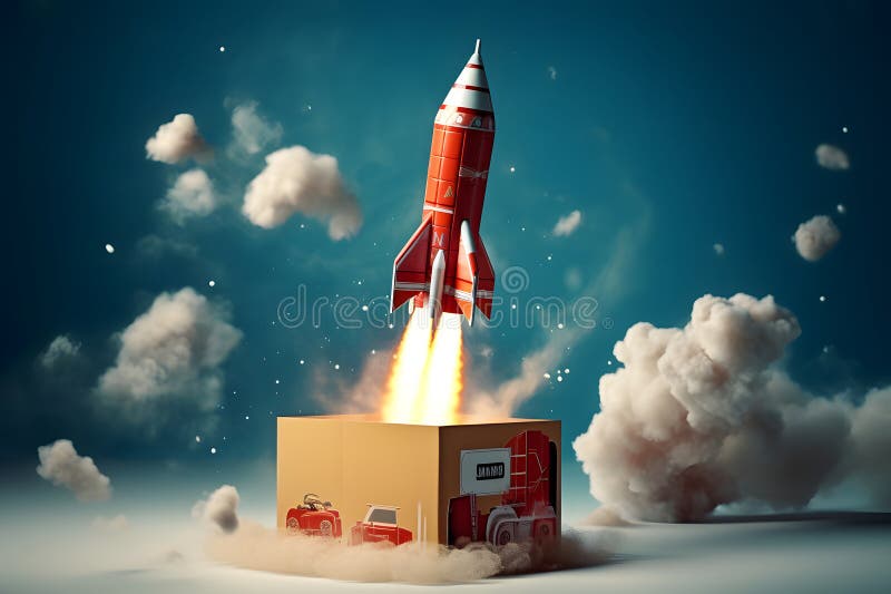 Rocket Coming Out of a Box, 3d Rendering Toned Image. Ia Generated ...