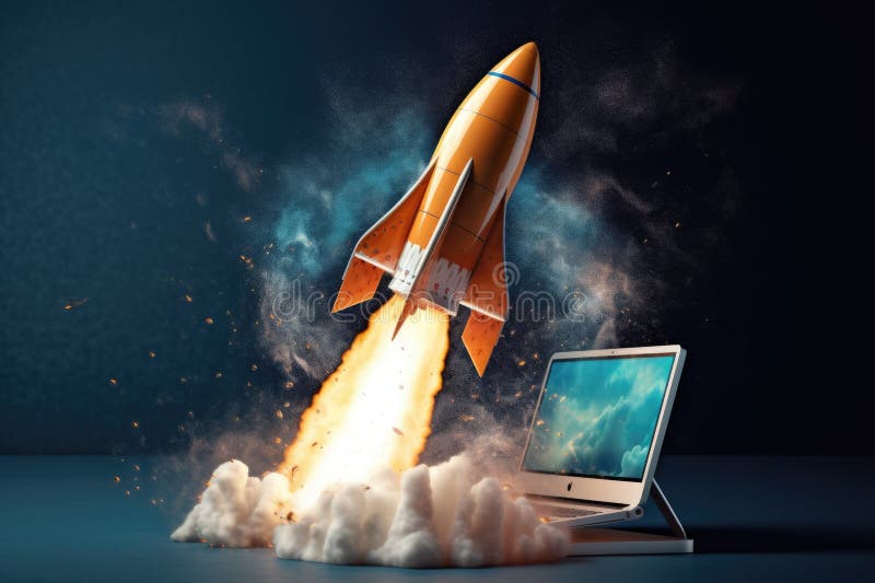 Rocket Coming Out of Desktop Computer Screen , Neon Light. Generative ...