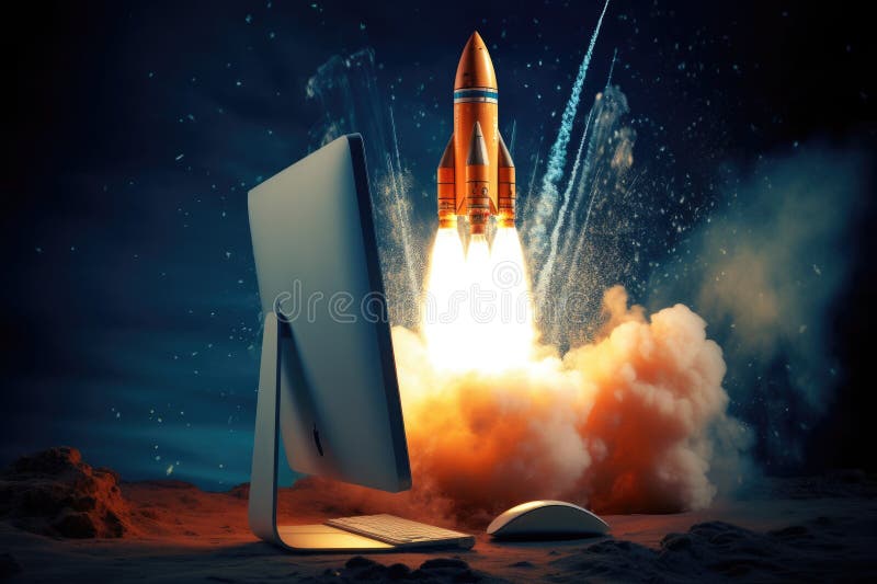 Rocket Coming Out of Desktop Computer Screen. Generative Ai AIG32 Stock ...
