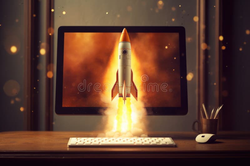 Rocket Coming Out of Desktop Computer Screen. Generative Ai AIG32 Stock ...