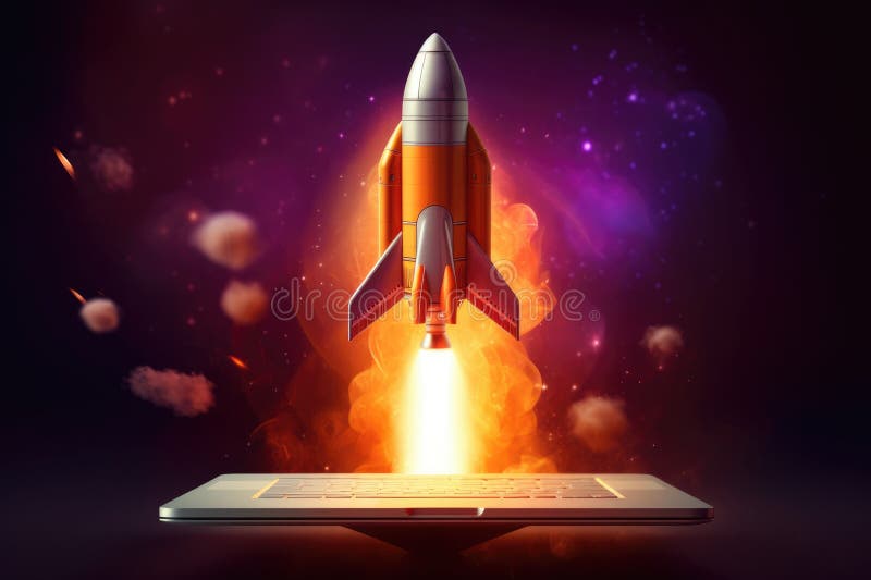Rocket Coming Out of Desktop Computer Screen. Generative Ai AIG32 Stock ...