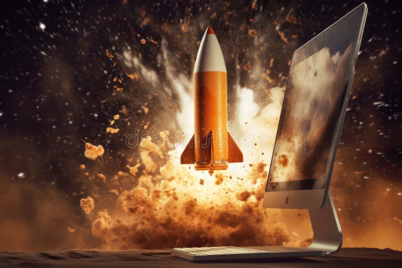 Rocket Coming Out of Desktop Computer Screen. Generative Ai AIG32 Stock ...