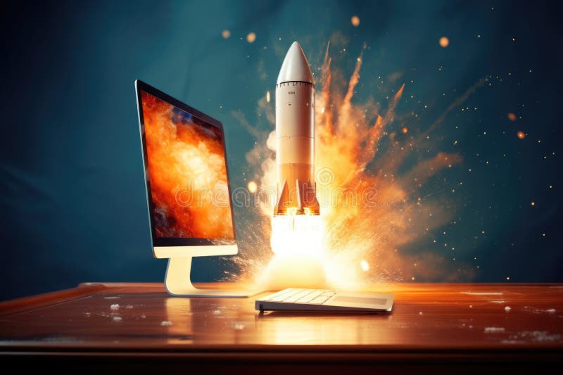 Rocket Coming Out of Desktop Computer Screen. Generative Ai AIG32 Stock ...