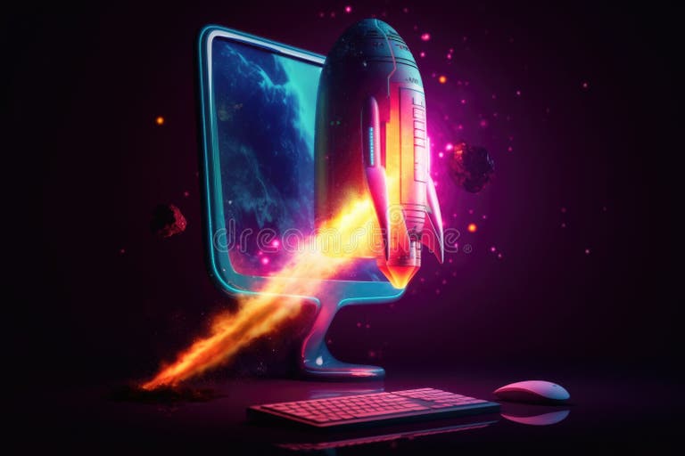Rocket Coming Out of Desktop Computer Screen , Neon Light. Generative ...