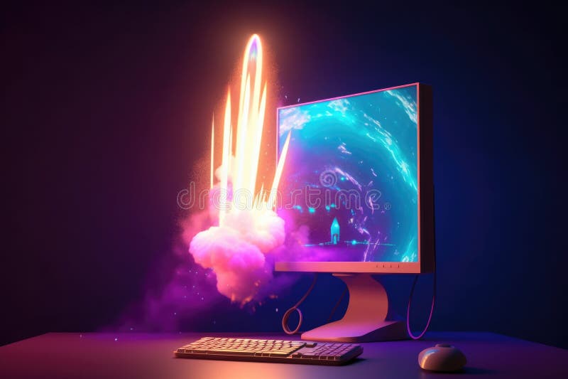 Rocket Coming Out of Desktop Computer Screen , Neon Light. Generative ...
