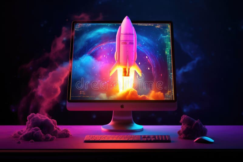 Rocket Coming Out of Desktop Computer Screen. Generative Ai AIG32 Stock ...
