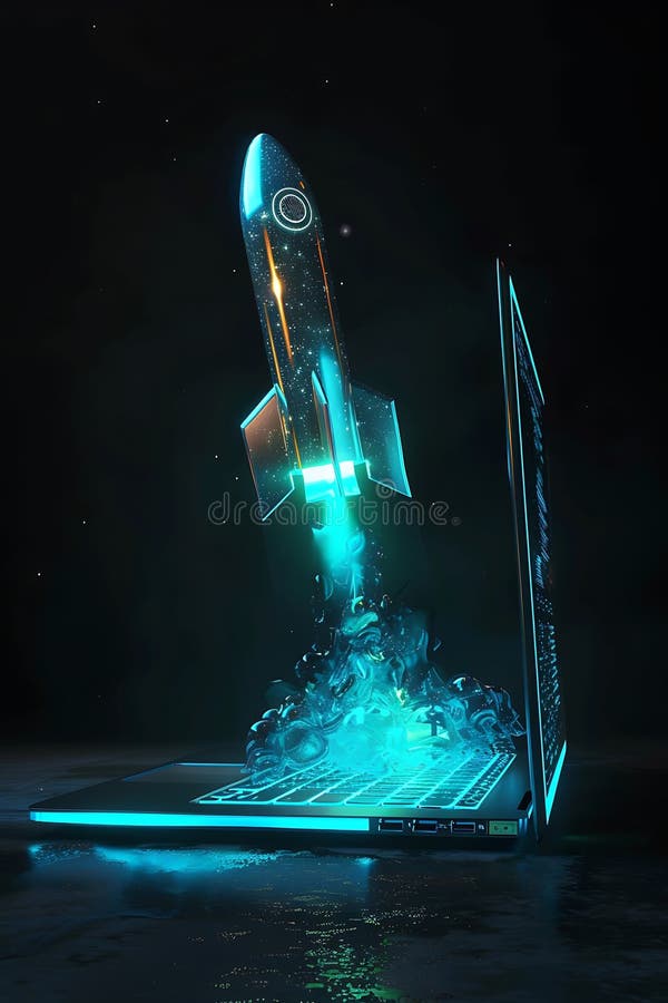 Rocket Coming Out of Laptop, Glowing Blue Tech Design Stock ...