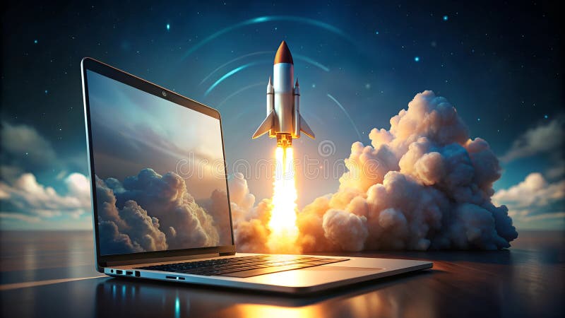 Rocket Coming Out of Laptop Screen - Innovation and Technology Stock ...