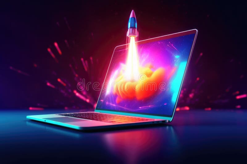Rocket Coming Out of Desktop Computer Screen , Neon Light. Generative ...