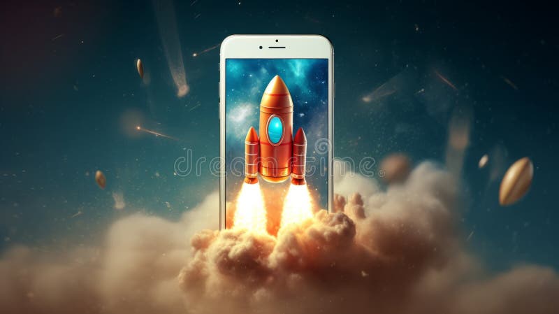 Rocket on Coming Out of Mobile Screen. Generative AI Stock Illustration ...