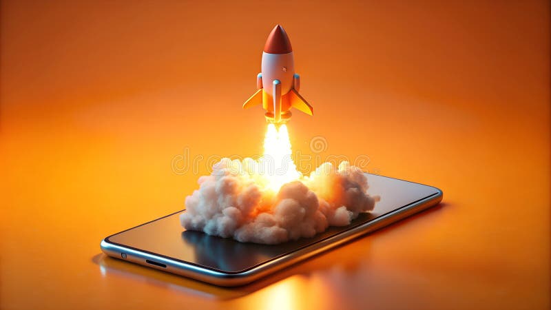 Rocket Coming Out of Mobile Screen - Technology Concept Stock Photo ...