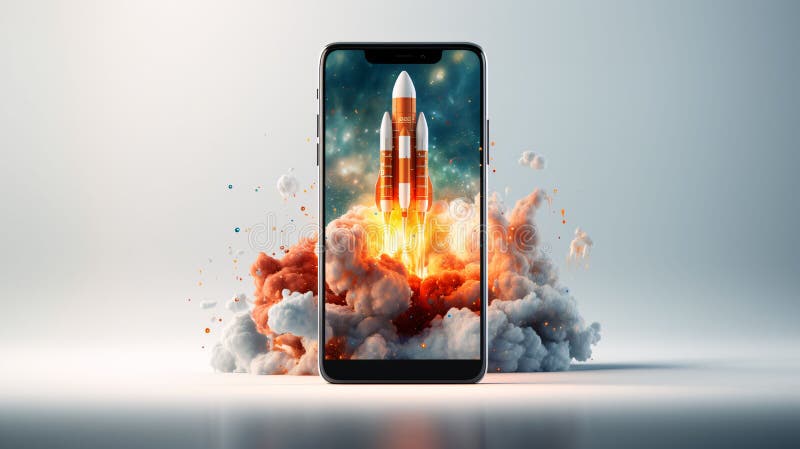 Rocket Coming Out of a Smartphone Screen. 3d Rendering Mock Up Stock ...