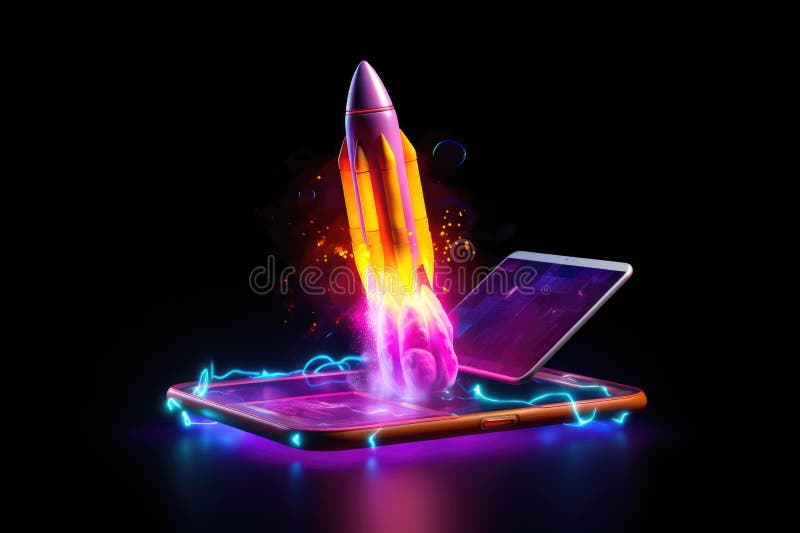 Rocket Coming Out of Tablet Screen , Neon Light. Generative Ai AIG32 ...