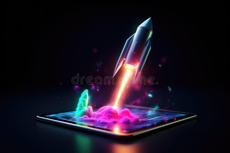 Rocket Coming Out of Tablet Screen , Neon Light. Generative Ai AIG32 ...