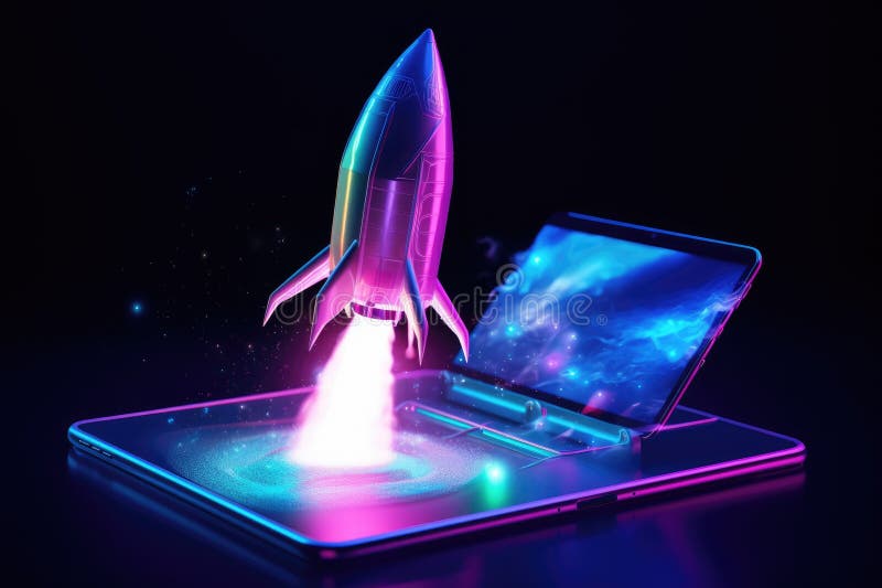 Rocket Coming Out of Tablet Screen , Neon Light. Generative Ai AIG32 ...