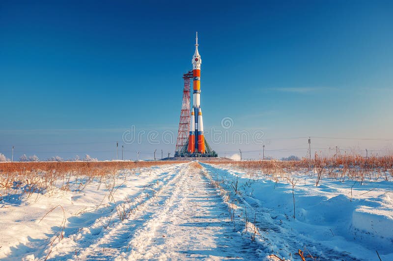 Rocket At Cosmodrome In Winter In Steppe Against The Background Of Blue